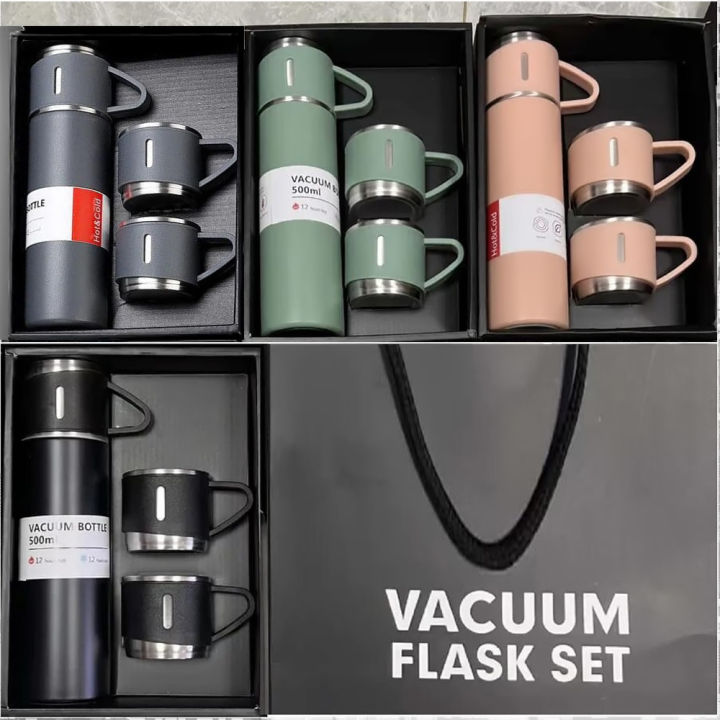 Steel Vacuum Flask Set with 3 Steel Cups Combo- 500ml Double-layer ...