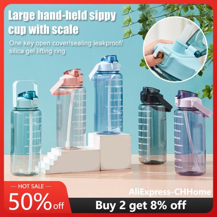 2L Water Bottle Large Capacity Portable Transparent Water Bottle with Bounce Cover Time Scale ...