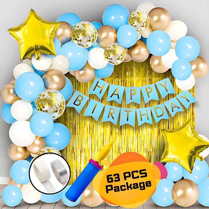 Birthday Decoration Combo Pack - Card Banner, Backdrop Curtains, Metallic Balloons, Balloons ...