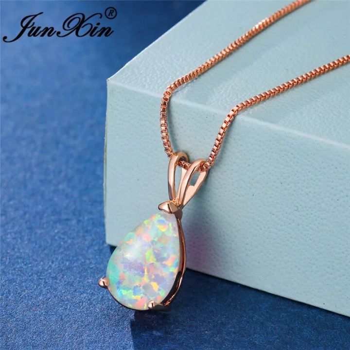【Lejia】Pear Cut Mystic White Fire Necklace Rose Water Drop Stone ...