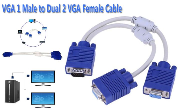 VGA Splitter Cable 1 Computer to Dual 2 Monitor Adapter Y Splitter Male to Female VGA Wire Cord ...