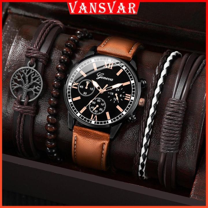 GENEVA Men’s Watch Bracelet 5Pcs Set Vintage Leather Strap Man Business ...