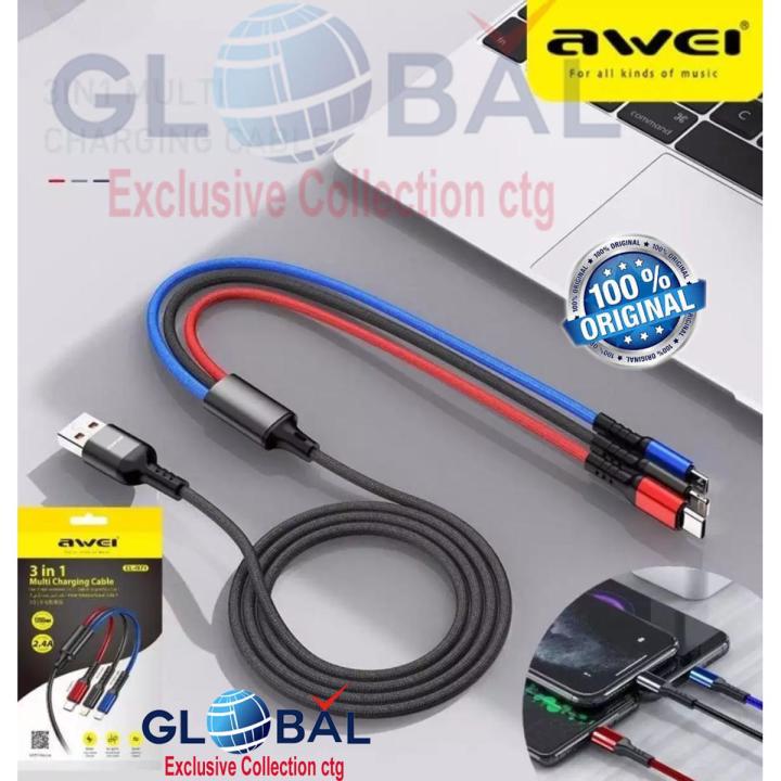 Awei 3 in 1, USB cable To Micro USB, Type-C & Iphone 1pcs | Daraz.com.bd