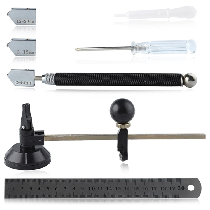 7 Piece Adjustable Circular Glass Cutter Tool Kit Includes Round Knob ...