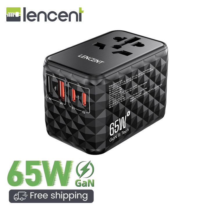 LENCENT GaN 65W Universal Travel Adapter International Fast Charger 2 USB-A & 2 USB-C Power Plug ...