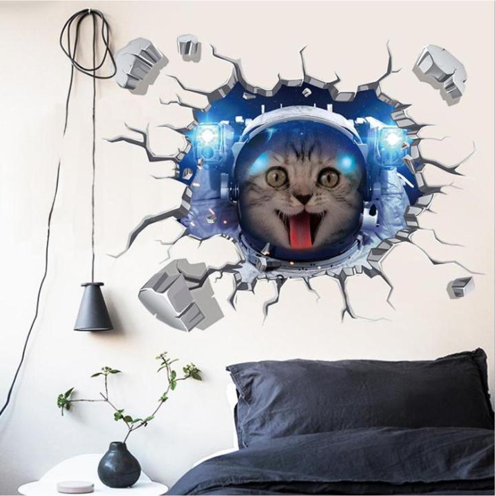 PVC Wall Sticker Creative Broken Wall Space Kitten Living Room Bedroom ...