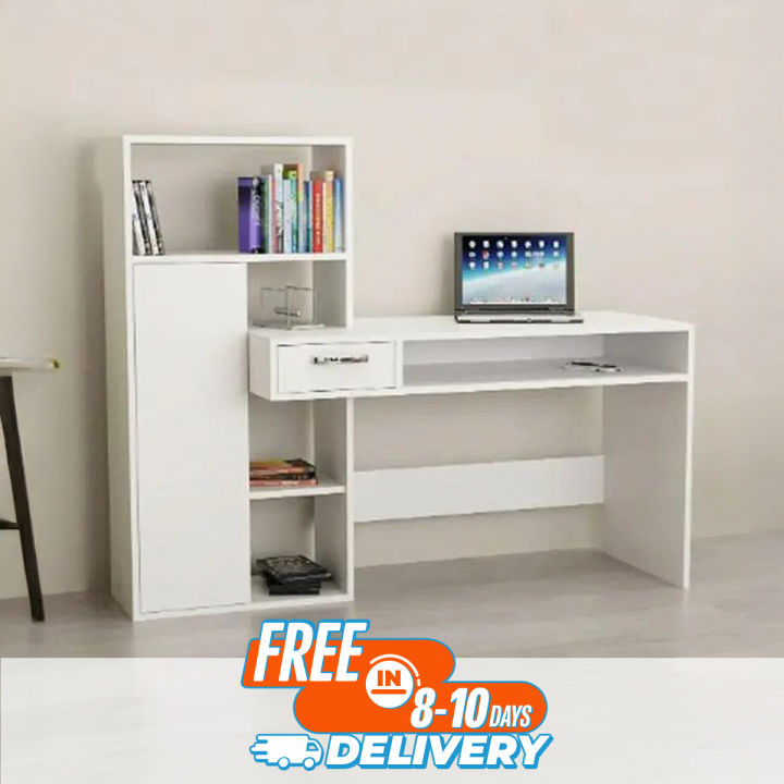 Home Office Computer Table | Study Table | Laptop Desk with Shelves (White Color Finish ...