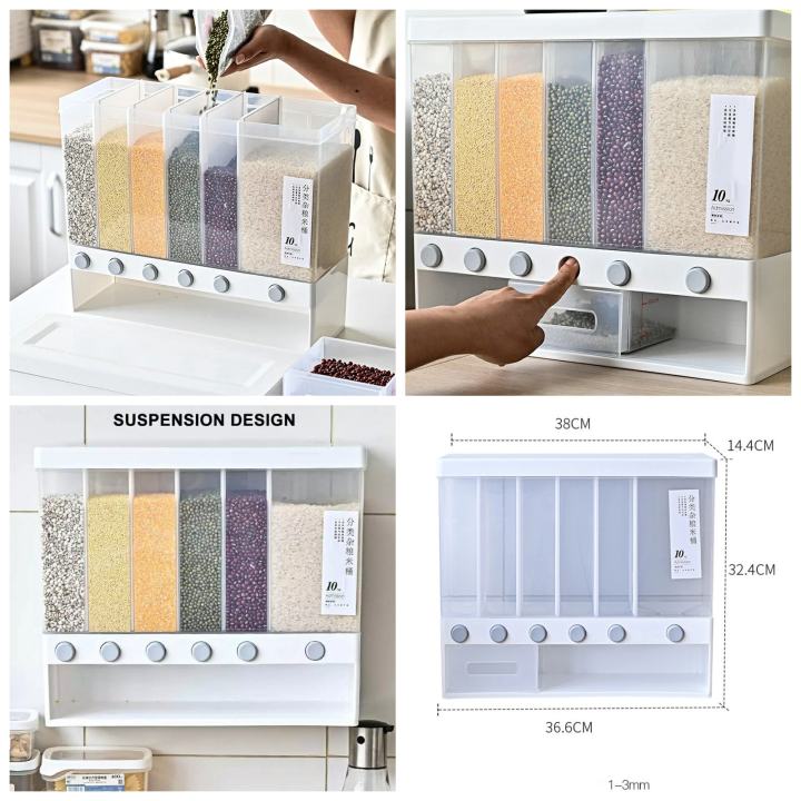 6-Grid Rice Dispenser Wall-Mounted Grain Storage Box Large Capacity ...