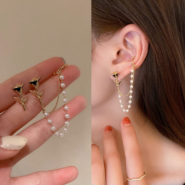Trendy Korean Style Rose Pearl Chain Stud Earrings for Girls Simple ...