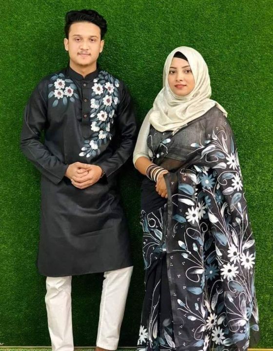 New Exclusive Designer Half Silk Hand Print Saree And Dhupian Panjabi For Combo Couple Set ...