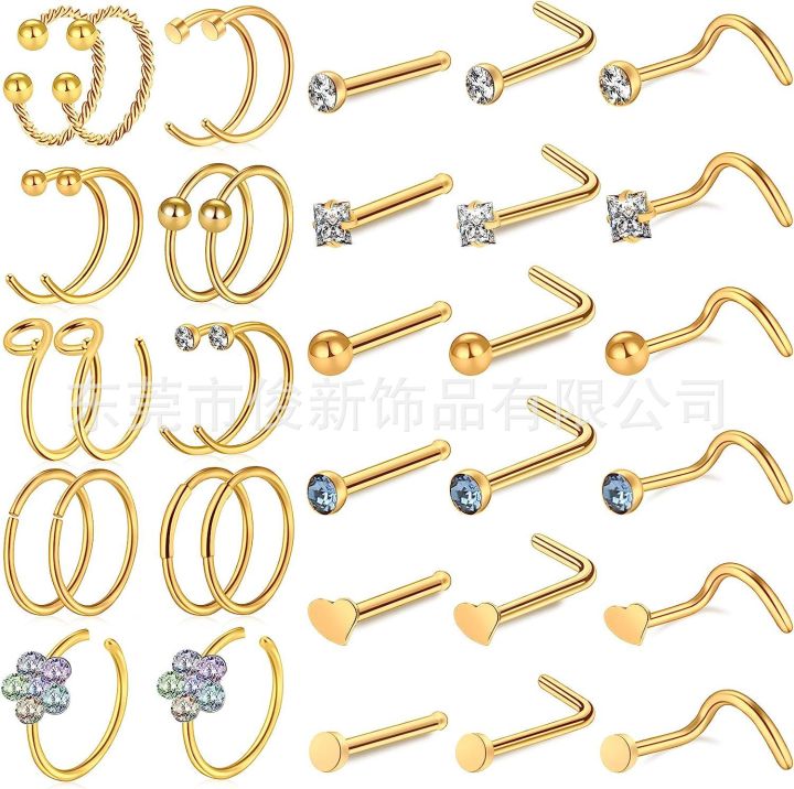 36 pieces of 20G female nose ring set hoop L-shaped nose stud set ear ...