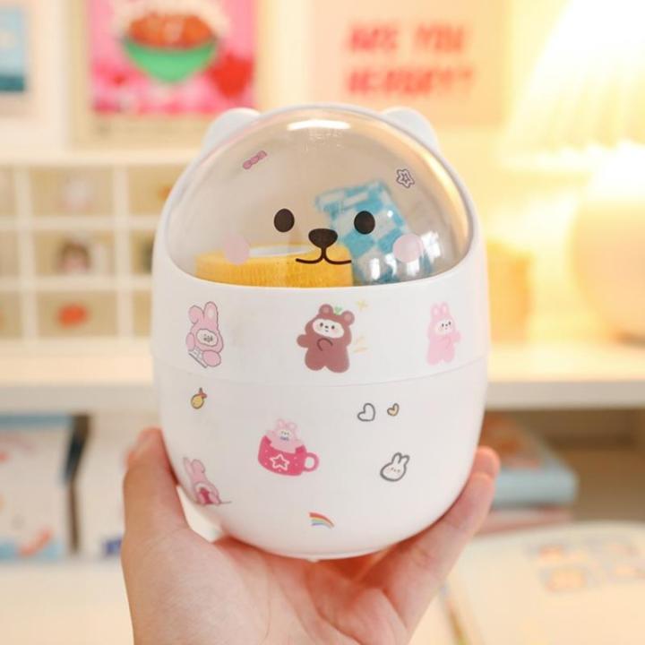 Ins Desktop with Lid Trash Can Mini Kawaii Cute Bear Trash Bin Storage ...