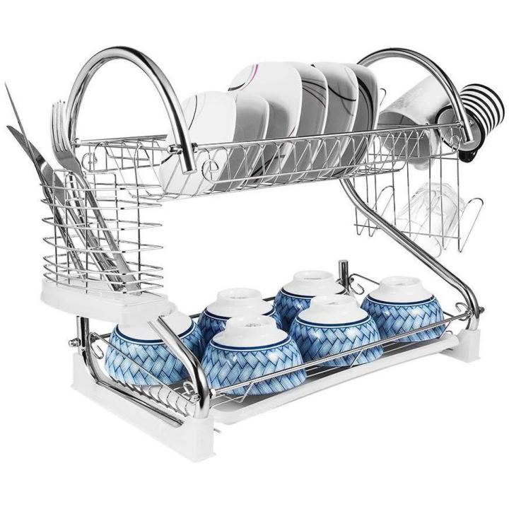 2 Layer Plate Stand ,Kitchen Chrome Cup Dish Drying Rack Tray Cultery ...