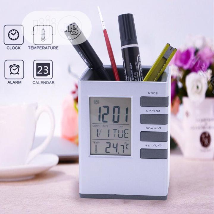 Pen Holder with Digital Watch - Silver Cube Desk Pen Stand With Digital ...