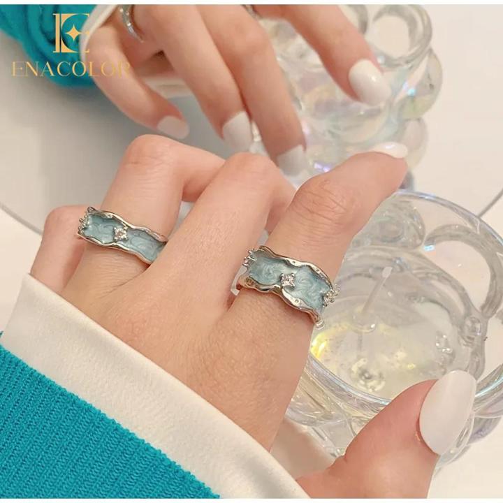 Ins New Enamel Light Blue Irregularity Rings for Women Girl Ins Adjust ...