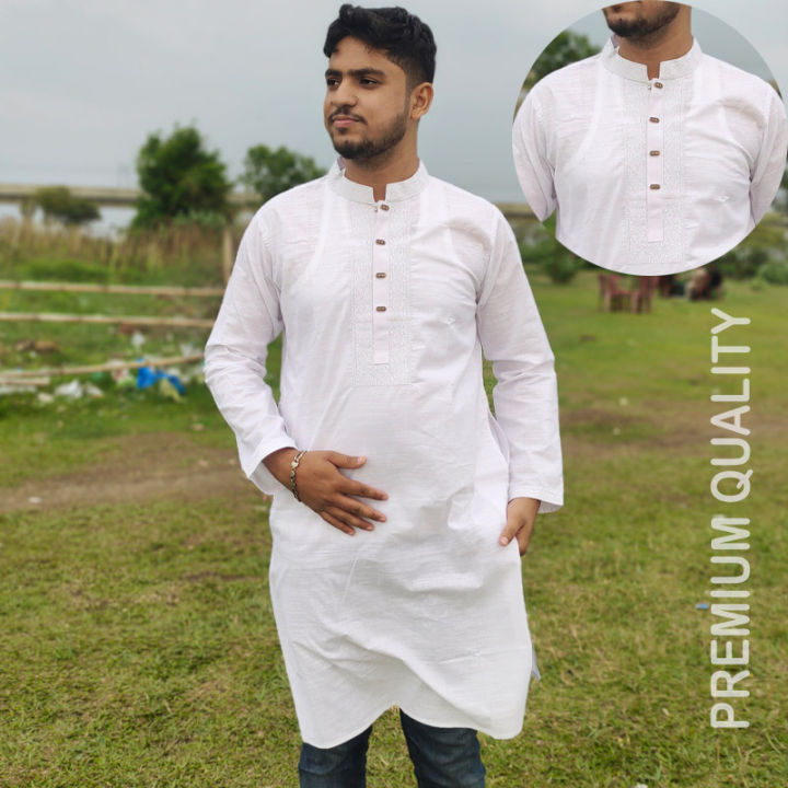 Premium White Cotton Panjabi for Men | Embroidery Work | Eid Panjabi ...