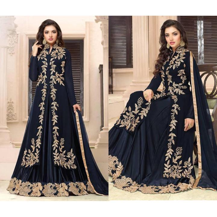 Fashionable Unstitch Black and Golden Embroidery Georgette Koti.Lasa ...