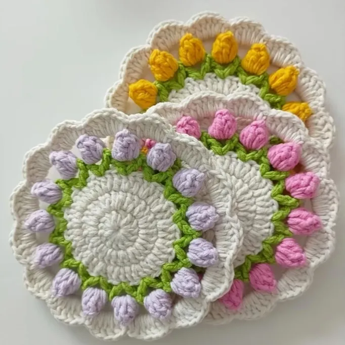 1pc Handmade Crochet Tulip Coaster - Floral Heat-Resistant Round ...