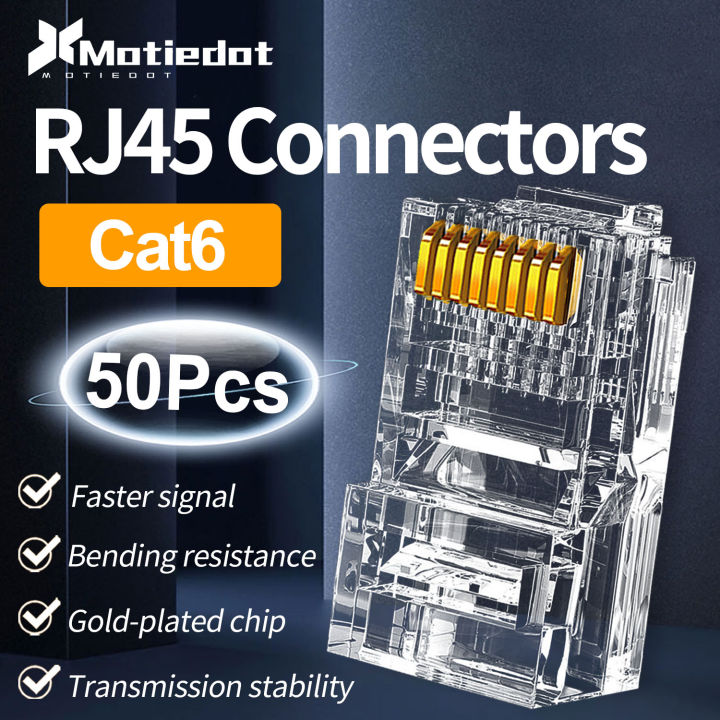 Cat6 RJ45 Connector 8P8C Modular Plug UTP Crimp Crystal Head 50Pcs Gold ...