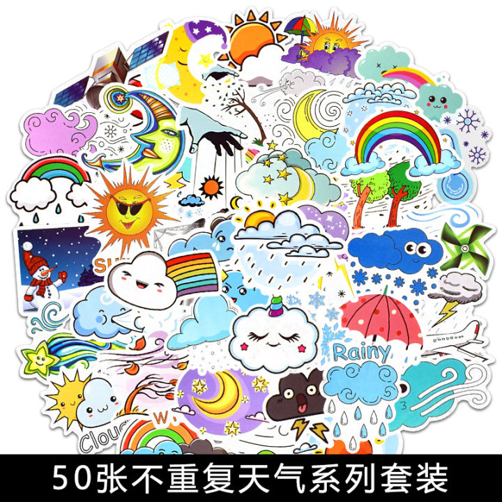 50 cartoon weather emoji doodle stickers for kids DIY laptop trunk ...