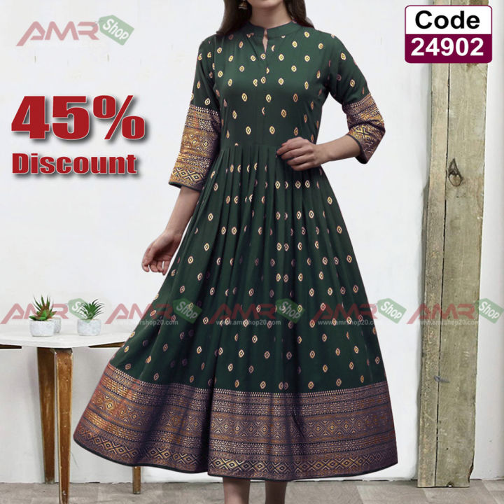 Women High Quality Indian Long Kurti , Afsen Print, Bottle Green ...
