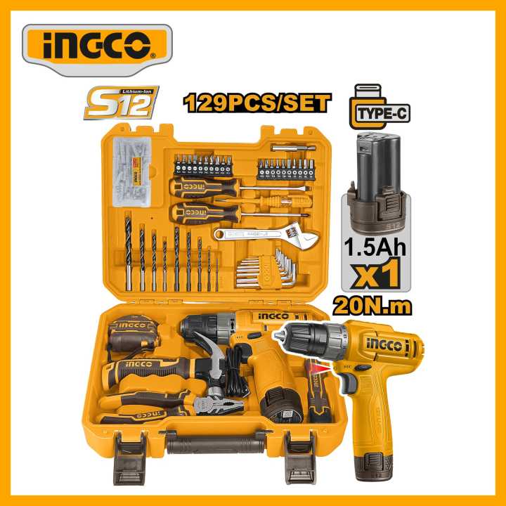 INGCO 129 Pcs Tools set With 1 Pcs 12V cordless drill HKTHP11291 ...