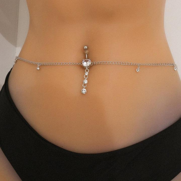 Rhinestone Pendant Navel Piercing Dangle Ring With Waist Chain/Steel Body Belly Button Jewelry ...