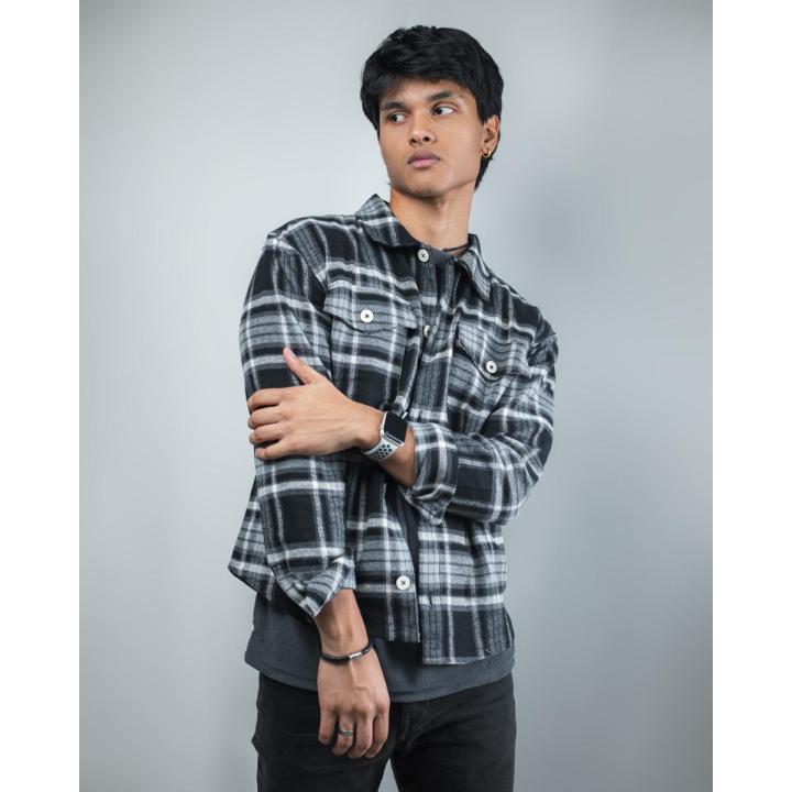 Plaid Flannel Jacket in Black and Grey | Daraz.com.bd