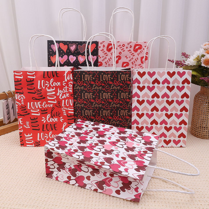 1/6Pcs Love Heart Printed Tote Bag Valentine'S Day Paper Gift Bag ...