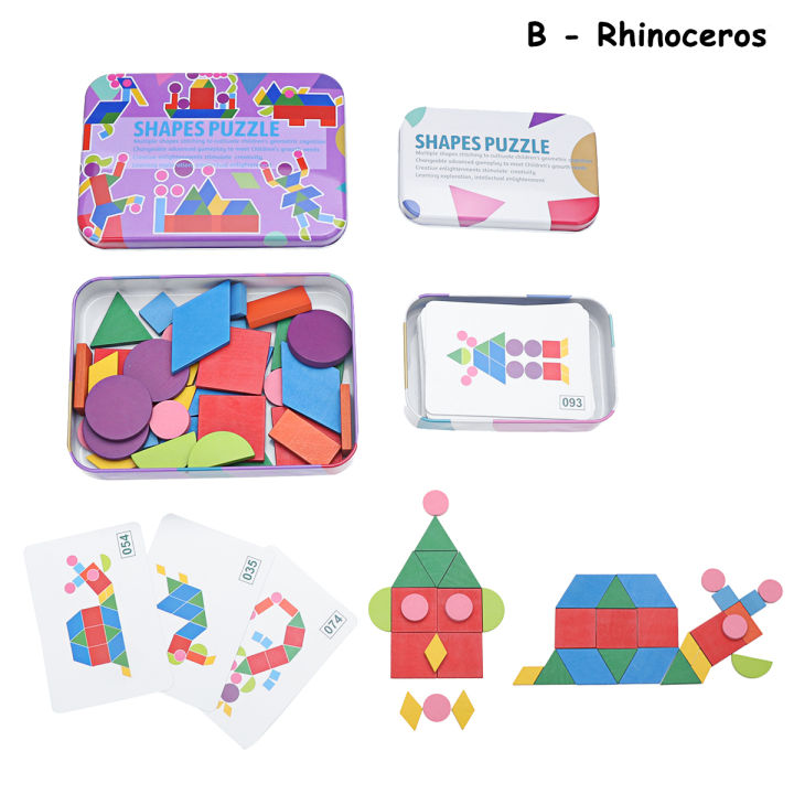 36 Shape Pieces& 60 Design Cards Wooden Pattern Blocks Animals J ...