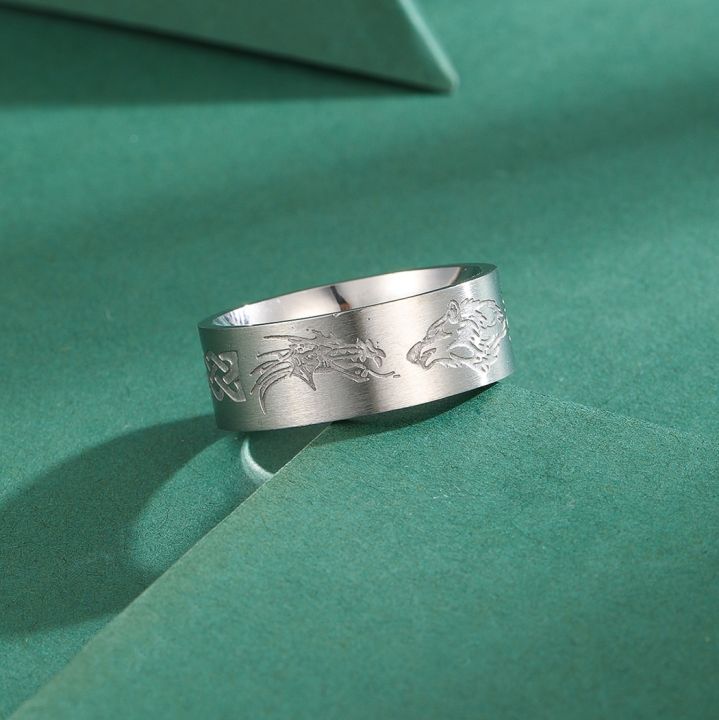 Kinitial Stainless Steel Wolf Ring Celtic Dragon and Wolf Ring Wedding ...