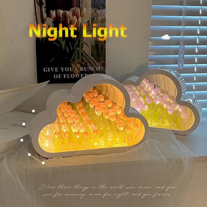 Cloud Mirror Tulip Lamp DIY Night Light Girl Bedroom Ornaments Creative ...