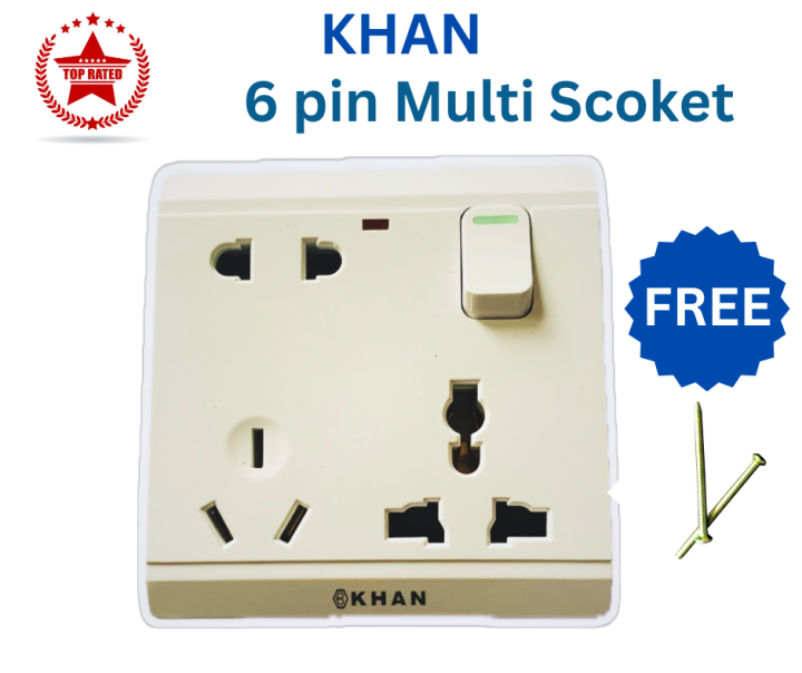 KHAN 6 Pin Multi Universal Switch Socket 13A Premium Quality product with 2 free Scew | Daraz.com.bd