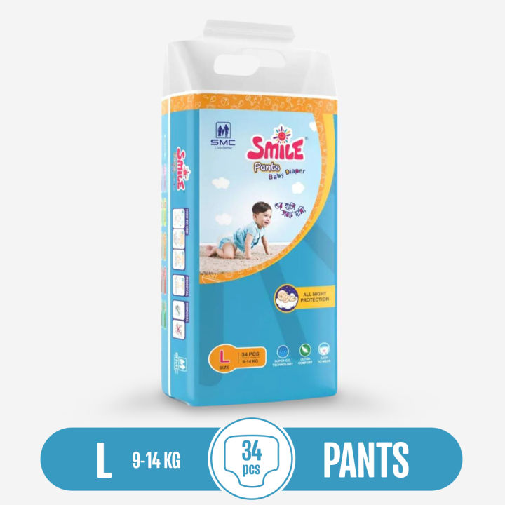 Smile Pants Diaper Large-L (9-14kg) 34 pcs | Daraz.com.bd