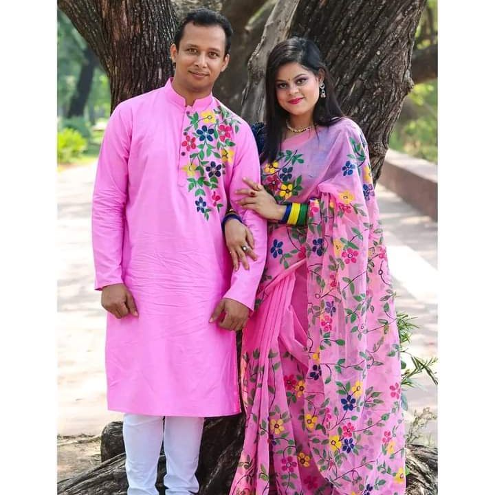 New Half Silk Hand Print Saree And Dhupian Panjabi For Combo Couple Set ...