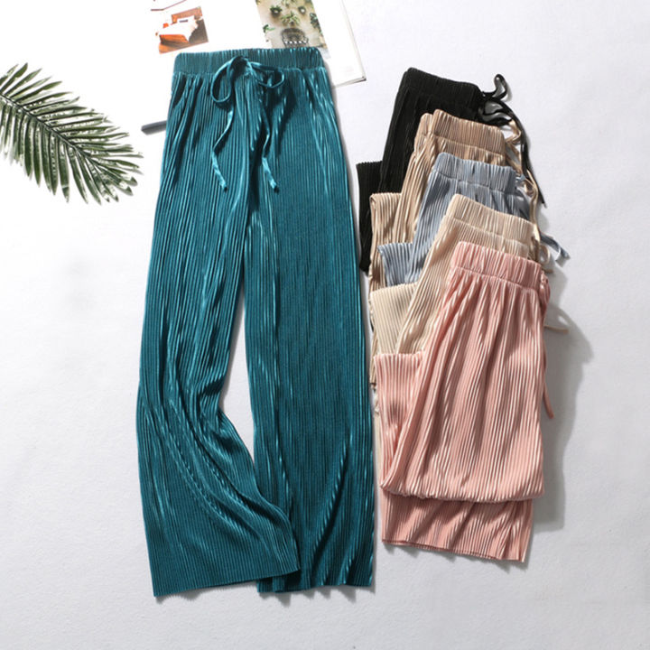2023 Women's Pleated Loose Ice Silk Korean Casual Capris Wide Leg Pants ...