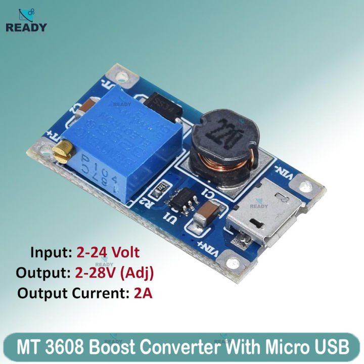 MT3608 2A Adjustable DC-DC Boost / Step Up Converter With Micro USB Input 2V-24V Output 2V-28V ...