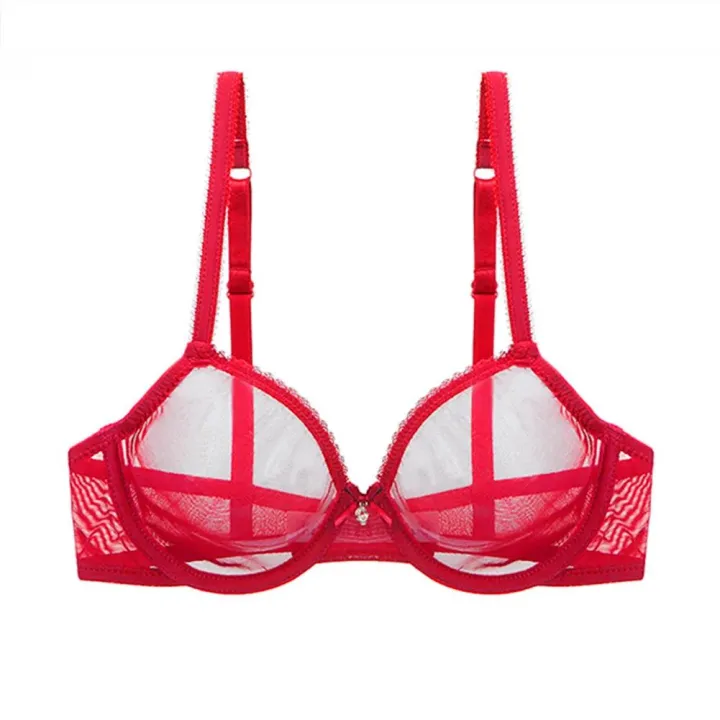 New Red Transparent Bras For Women Plus Size Lingerie Push Up Lace Mesh ...
