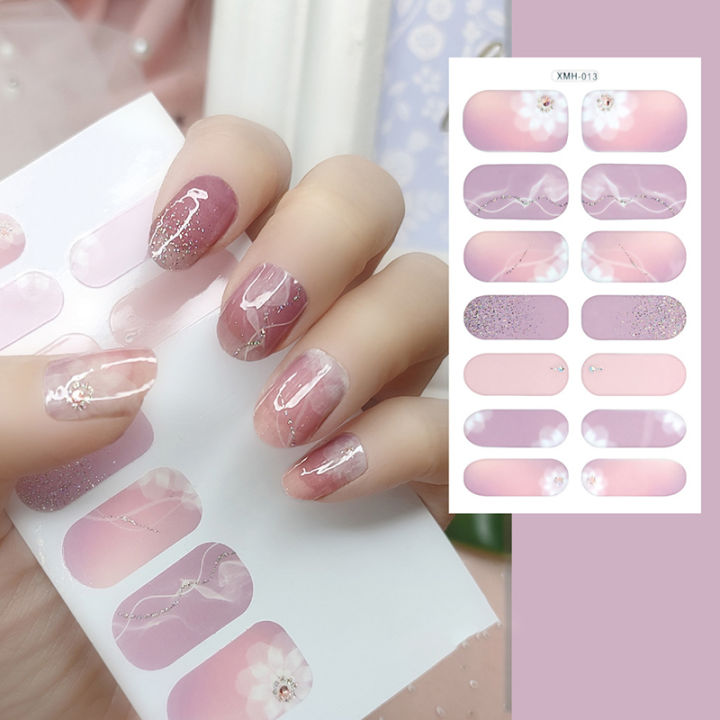 14Pcs/Sheet Flowers Print Nail Stickers Strips Waterproof Nail Polish ...