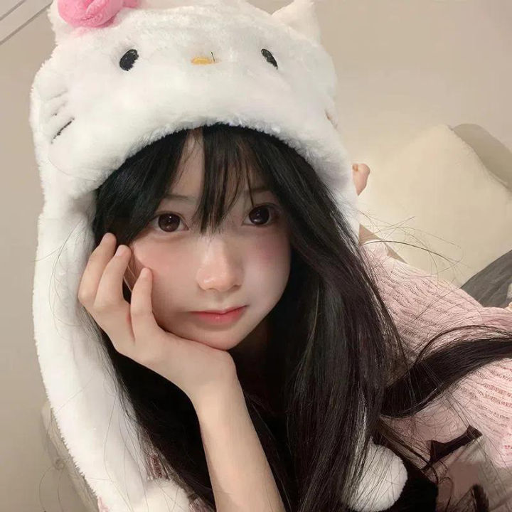 Kawaii KT Cat Plush Cap Cute Cartoon Hello Kitty Pullover Hat Thickened ...