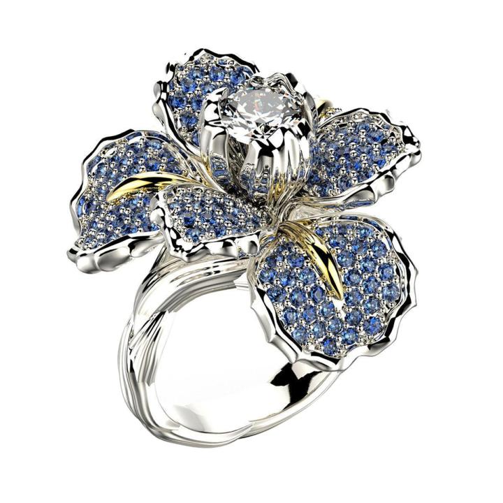 Women Luxury Full Rhinestone Inlaid Iris Flower Finger Ring Wedding ...