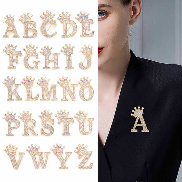 Fashion Crown 26 Initial Letters A to Z Crystal Rhinestone Brooch Pins ...