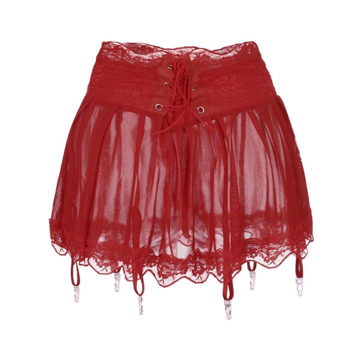 Women Sheer Mesh Transparent Mini Skirt High Waist Lace Bandage Garters ...