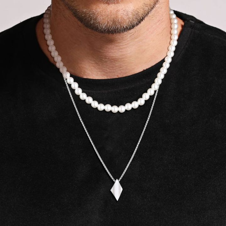 Vnox Stacked Necklaces for Men, 45cm Simulated Pearl Beads Chain ...