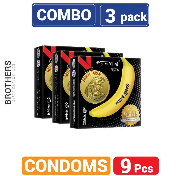 Panther Dotted Banana Flavored Condoms 3 pack combo, Total 9 pcs | Daraz.com.bd