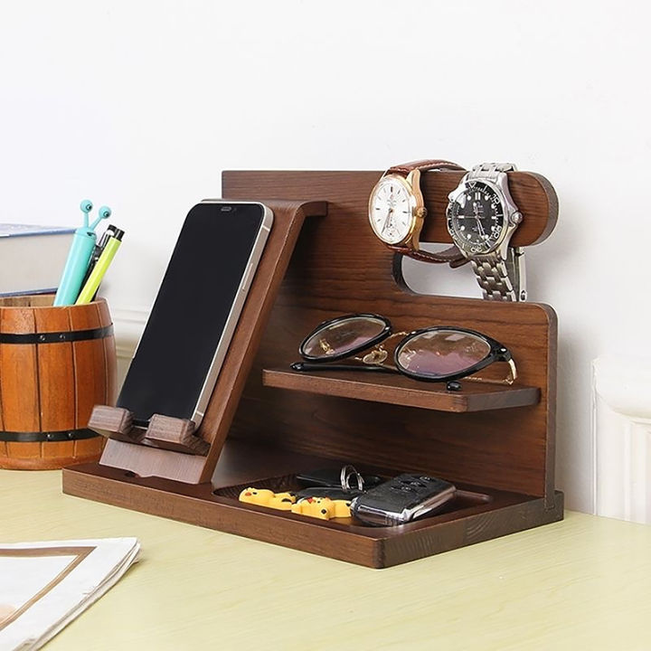 Wooden Bedside Wood Phone Docking Station Holder Wallet Stand Watch ...