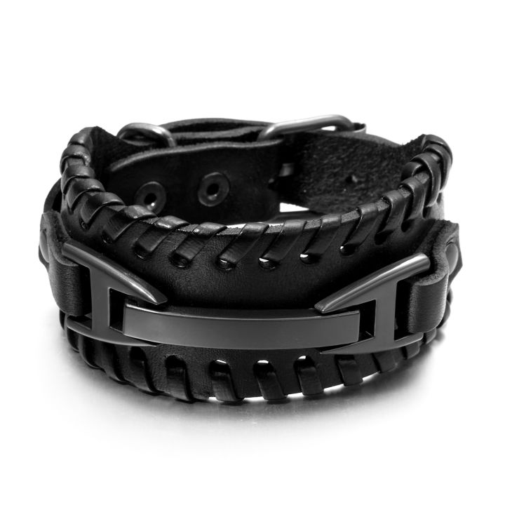 Killer Bzzo Vintage Black Wide Wrap Bracelets For Men Punk Strap Buckle ...