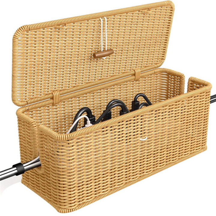 Cable Management Box Faux Rattan Cord Organizer Box with Lid for Tv ...