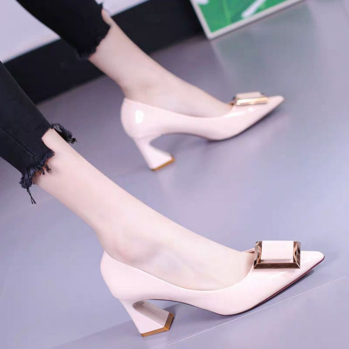 Square Buckle OL Office Shoes New Women's Concise Patent Shallow High ...