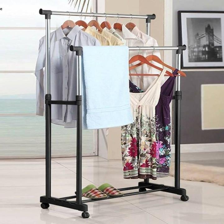 Double pole telescopic foldable garment rack stand clothes shoes drying ...